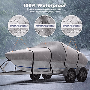 RVMasking Heavy Duty Middle 1400D Reinforced Boat Cover with Storage Bag Trailerable Marine Grade Waterproof Boat Cover Fits Bass Boat, V-Hull, Runabout, Length: 16'-18.5', Beam Width up to 94", Gray