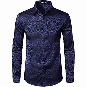 ZEROYAA Men's Hipster Slim Fit Long Sleeve Gothic Jacquard Button Up Dress Shirts for Party Prom ZLCL32-Navy XX-Large