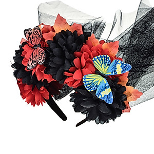 Funsveta Day of the Dead Headpiece Rose Floral Crown Lace Veil Halloween Costume Dress Up Accessory (Orange Leaf Red and Black)