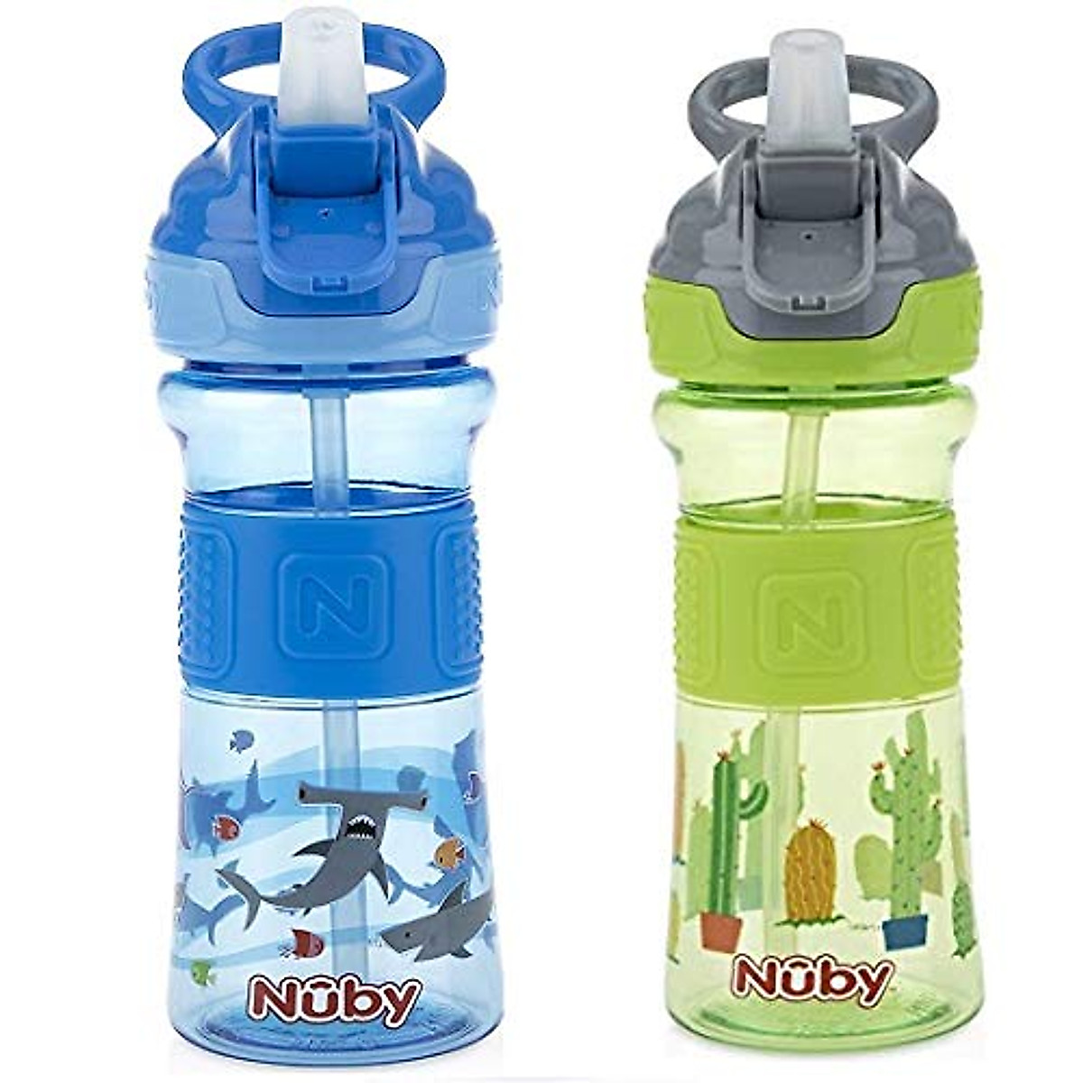 Nuby Thirsty Kids Push Button Flip-it Soft Spout on The Go Water Bottle (Green/Blue)