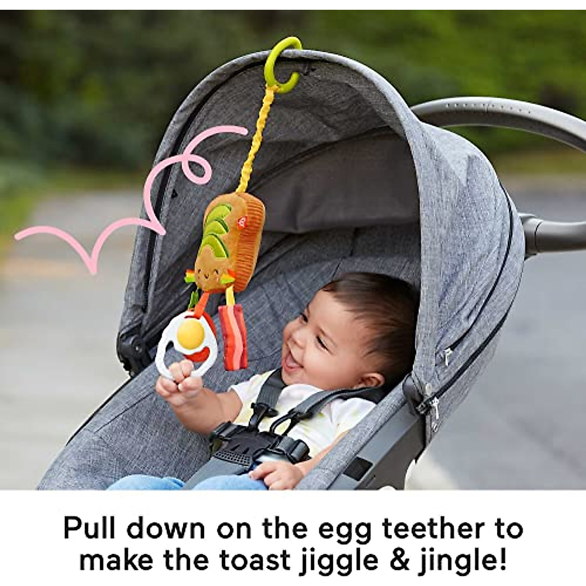 Fisher Price Pretend Food Brunch & Go Stroller Toy with 3 Breakfast-Themed Hanging Sensory Toys for Take-Along Play