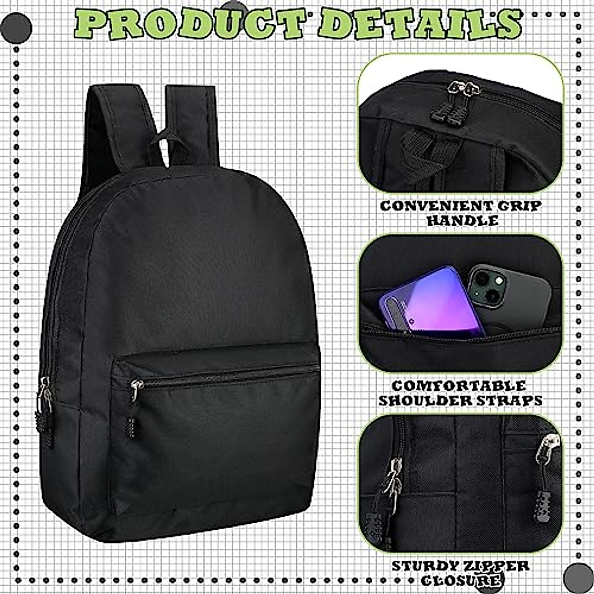 Amylove 24 Pack Backpacks Bulk Backpack for School 17 Inch Bookbags Back Pack for Kids Boys Girls Teens Students(Black)