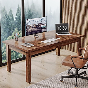 Tribesigns 70 Inch Large Desk, Wood Farmhouse Office Computer Desk Writing Study Desk for 1-2 Person, Executive Desk with Thickened Frame and Board