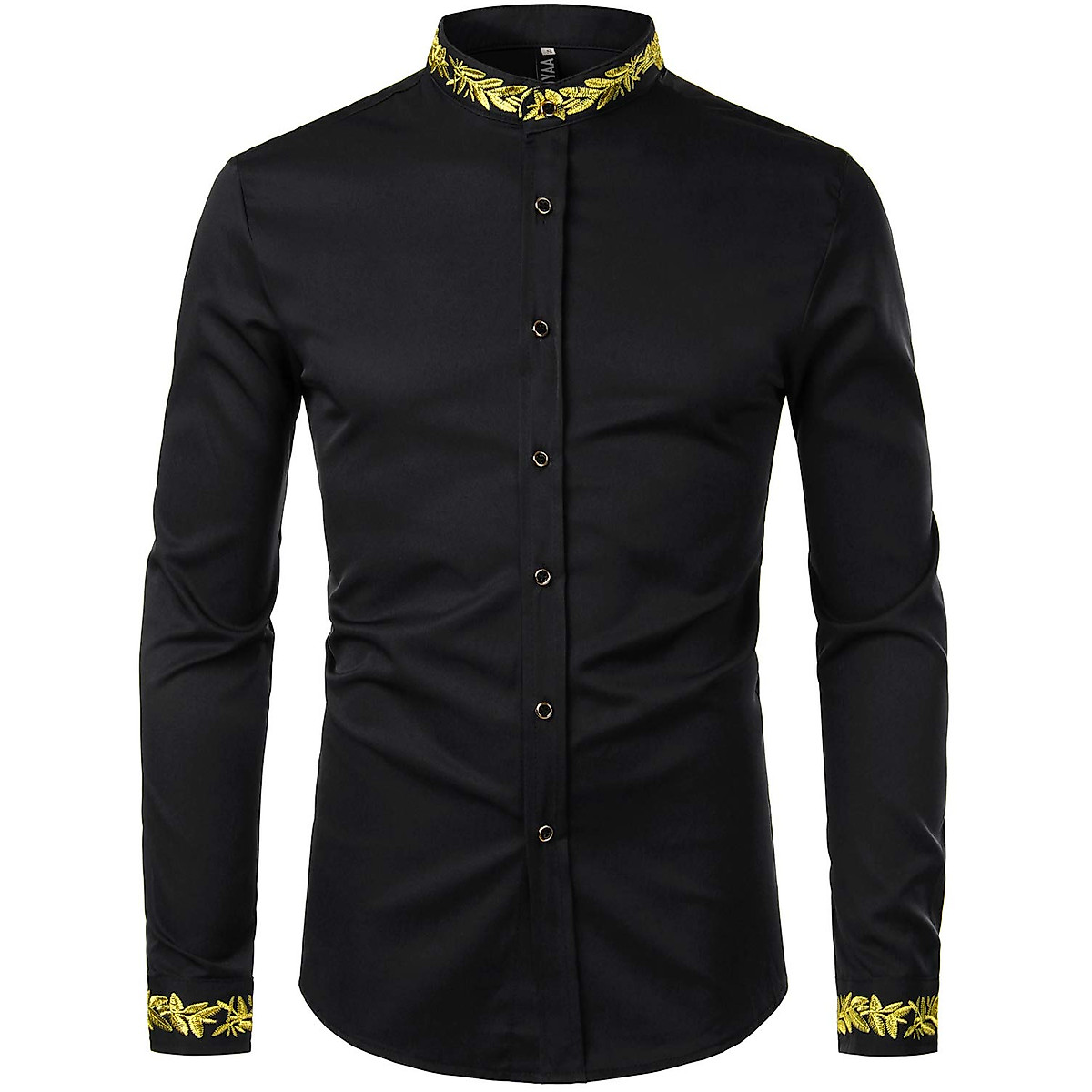 ZEROYAA Men's Luxury Gold Embroidery Design Slim Fit Long Sleeve Button Up Dress Shirts ZHCL44-Black Medium