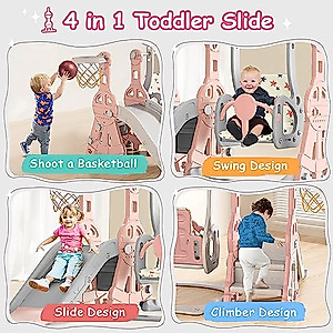 BIERUM 4 in 1 Toddler Slide and Swing Set, Kid Slide for Toddlers Age 1-3, Baby Slide with Basketball Hoop, Indoor Outdoor Slide Toddler Playset Toddler Playground Pink