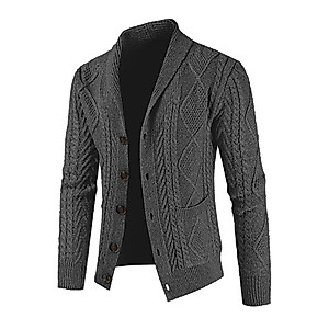 JMIERR Mens Cardigan Sweater Fall Casual Long Sleeve Shawl Collar Button-Up Cable Knit Sweaters with Pockets for Men,US 40(M),Dark Grey