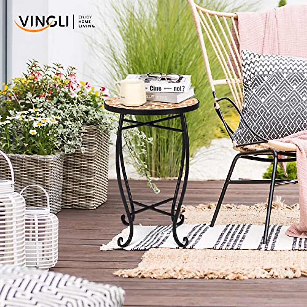 VINGLI Mosaic Outdoor Side Table, 14" Round End Table, Accent Table, Plant Stand Ideal for Pool Side, Porch, Patio, Deck or Sofa Side, Glass Top Black Iron, Golden Yard