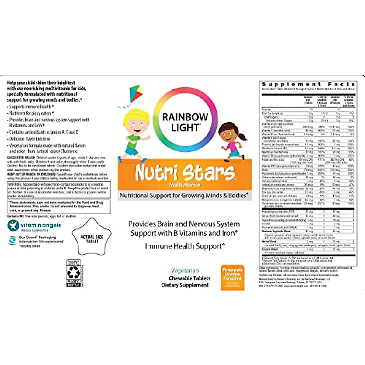 Rainbow Light Multivitamins for Kids, Vitamin B, Zinc & Iron, Prebiotics, Nutri Stars Provides Brain & Nervous System Support, Pineapple Orange, 120 Chewable Tablets