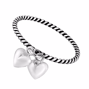AeraVida Adorable Twin Hearts Dangle Twisted Band .925 Sterling Silver Ring | Charming and Elegant Women's Jewelry Accessory