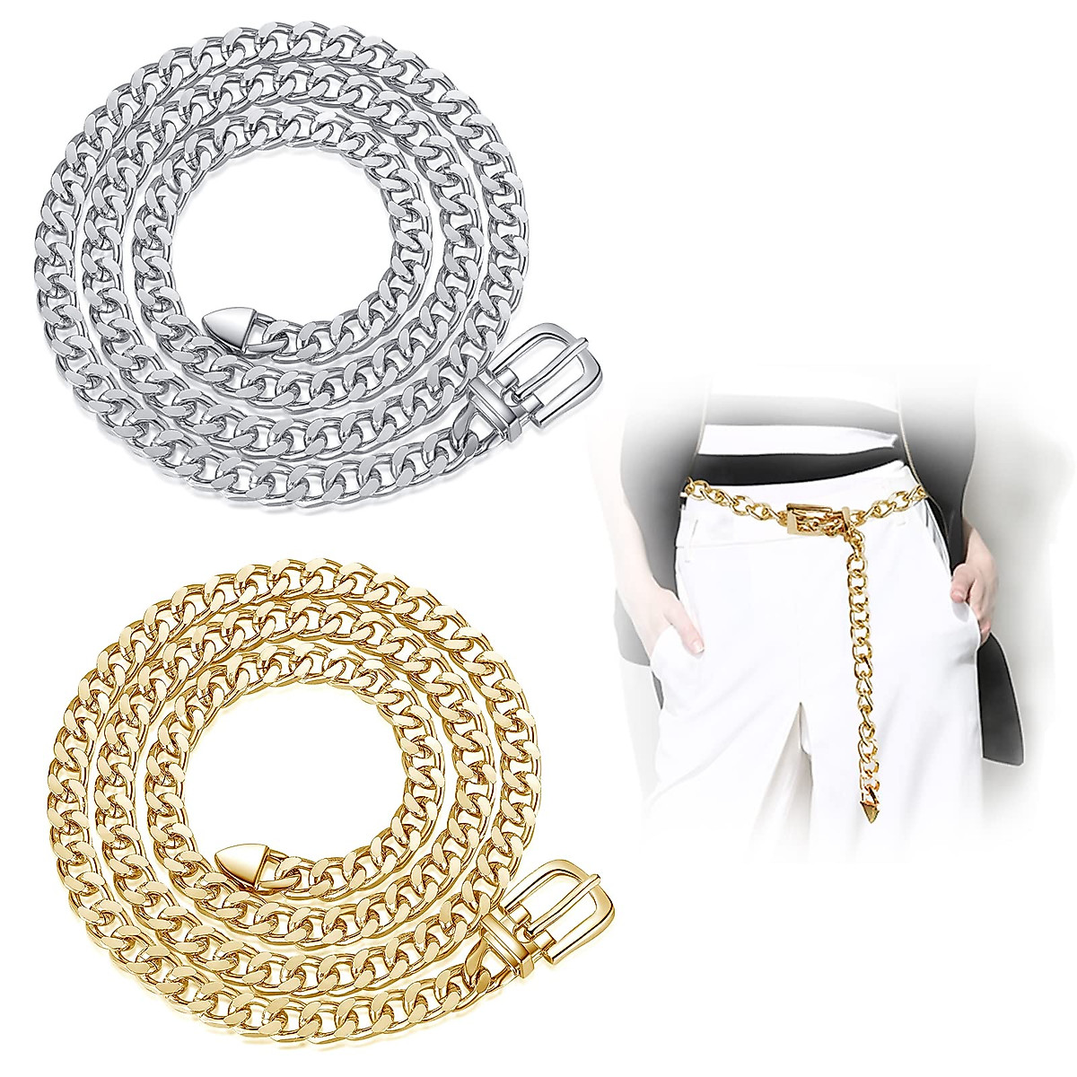 2 Pack Chain Belts for Women Alloy Chunky Wasit Chain Belt Adjustable Boho Punk Link Belly Body Chain Belts Jewelry Chain Belts for Girls Dresses