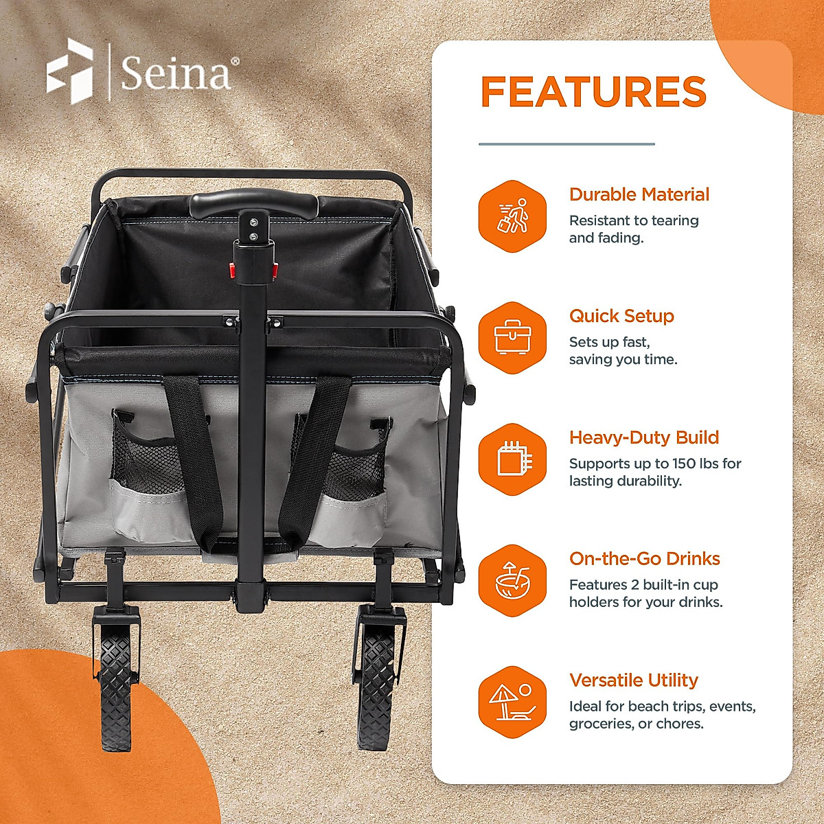 Seina Heavy Duty Steel Compact Collapsible Folding Outdoor Portable Utility Cart Wagon w/All Terrain Rubber Wheels and 150 Pound Capacity, Gray/Black