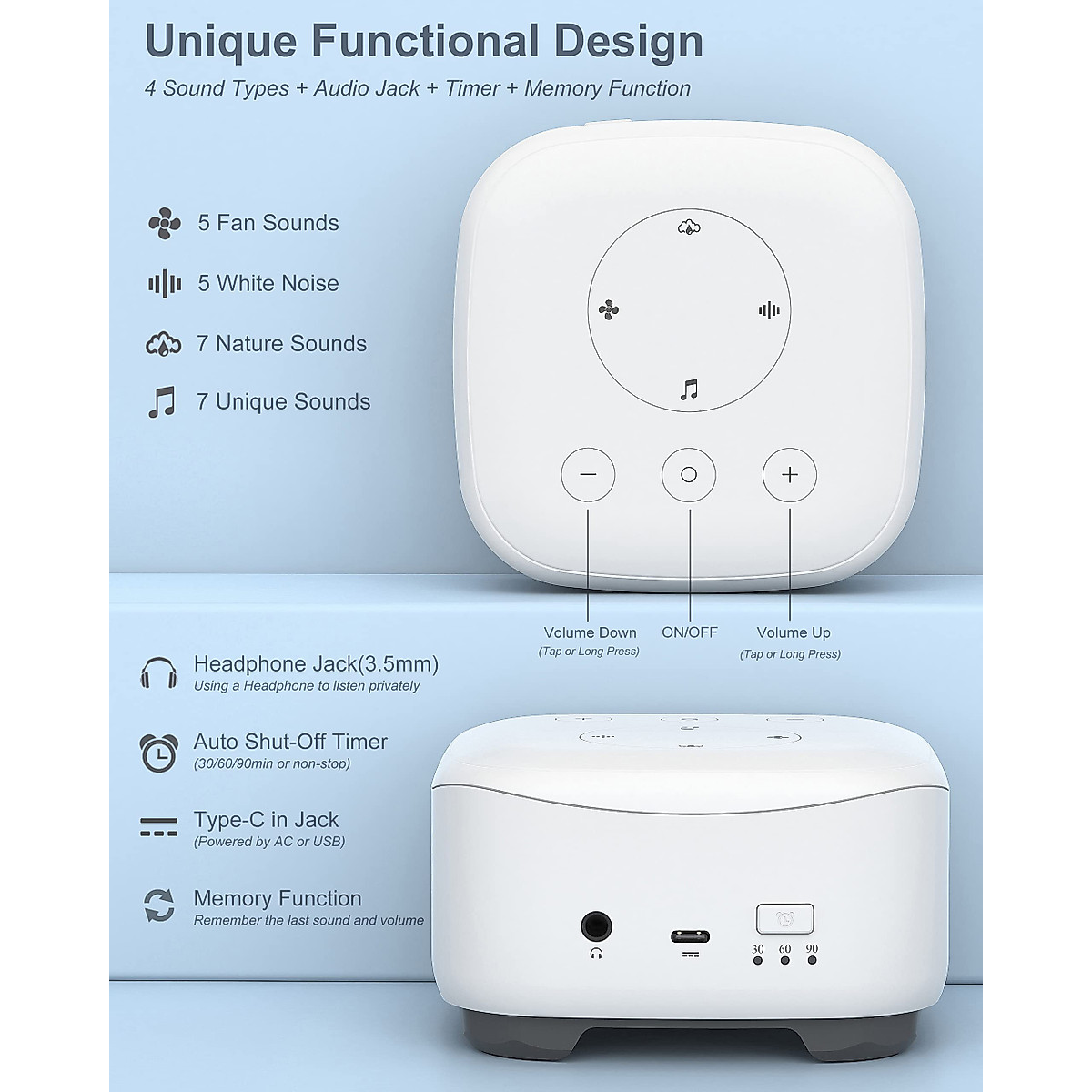 White Noise Machine, Sleep Sound Therapy with 24 Soothing Sounds for Adults Baby Sleeping,3 Auto-Off Timer, Memory Function Sleeping Sound Machine for Nursery Office Home, AC Powered-White