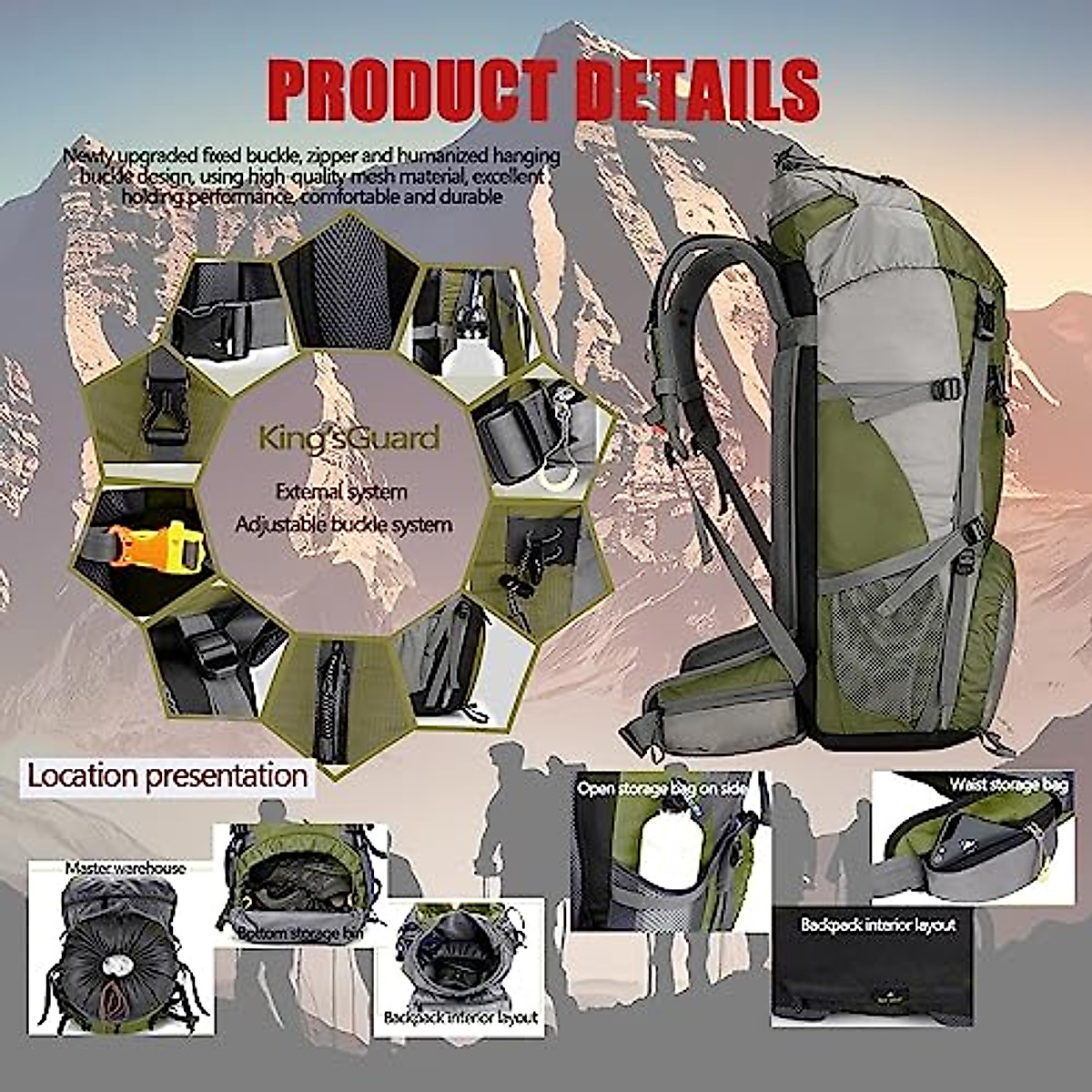 ALFREVER 70L Hiking Backpack, Waterproof Camping Essentials Bag, Lightweight Hiking Backpacking Back Outdoor Travel Pack (Forest green)