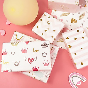 MAMUNU 6 Sheets Gift Wrapping Paper, Pink and Gold Folded Wrapping Paper with Heart, Bunny, Rainbow, Flamingo and Crown Designs for Women Girls Kids Birthday, Valentine's Day, Wedding, Baby Shower 50x70CM