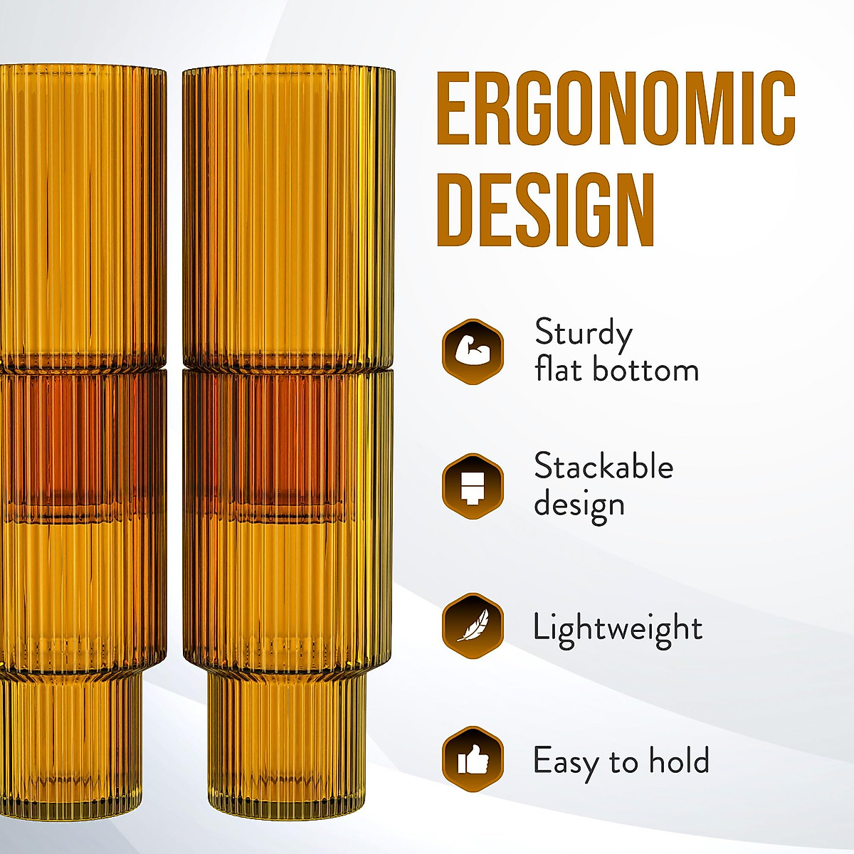 American Atelier Vintage Art Deco Fluted Drinking Glasses | Ribbed Glassware for Cocktail, Gin, Whiskey, & More | Modern Glassware | Lowball Fluted Cocktail Glasses | Set of 4 (11 oz, Amber)