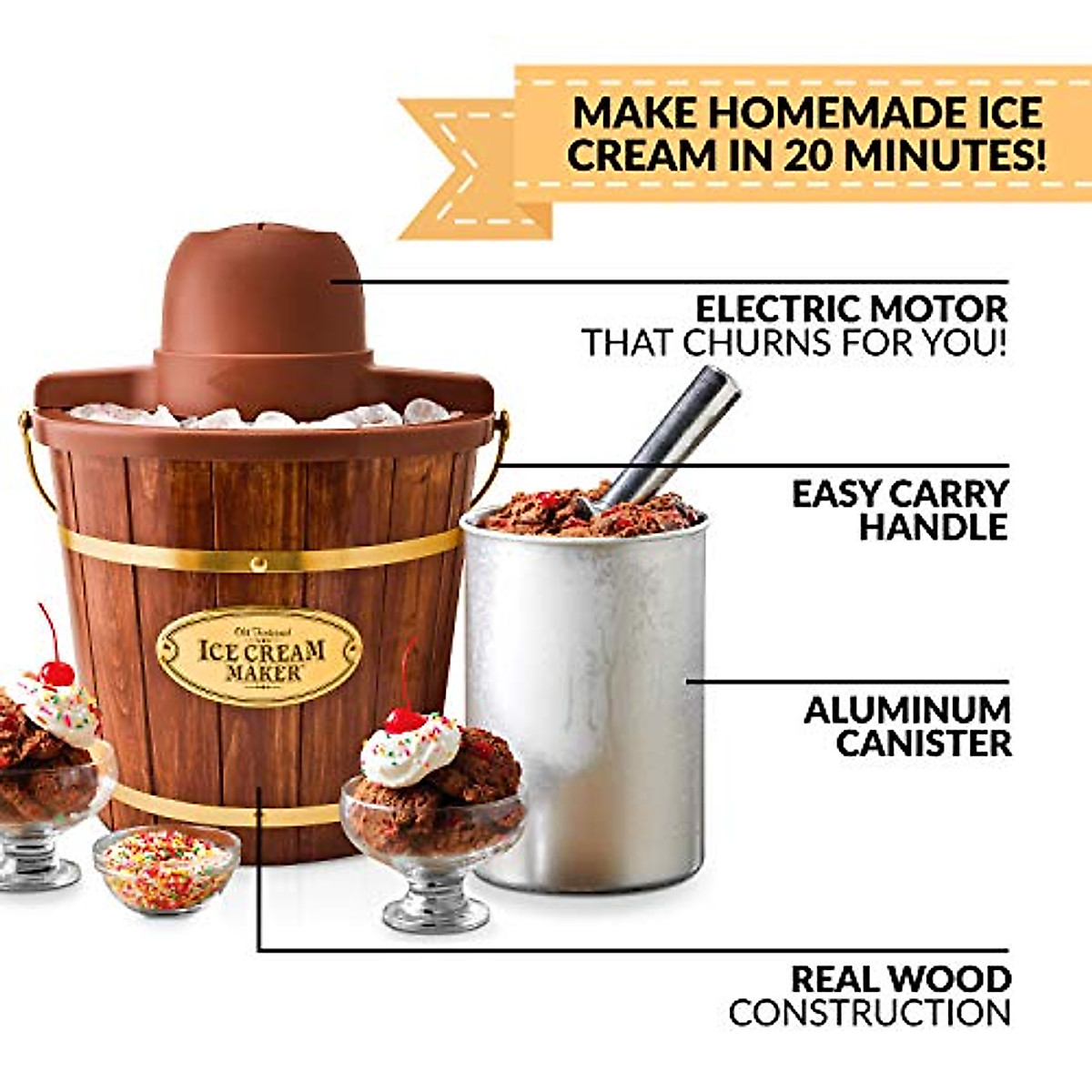 Nostalgia Electric Ice Cream Maker - Old Fashioned Soft Serve Ice Cream Machine Makes Frozen Yogurt or Gelato in Minutes - Fun Kitchen Appliance - Vintage Wooden Style - Dark Wood - 4 Quart
