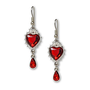 Valentines' Day Red Heart Romance Dangle Earrings Austrian Crystals Thorns and Roses Silver Finish