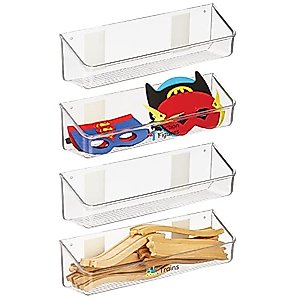 mDesign Plastic Adhesive or Wall Mount Wide Toy Storage Tray Basket; for Playroom, Kids Bedroom Organization; Holds Small Toys, Craft School Supplies + 24 Labels, Ligne Collection, 4 Pack, Clear
