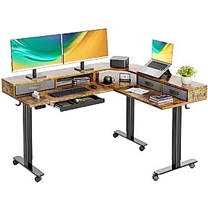 Claiks Triple Motor 63" L Shaped Standing Desk with Drawers, Electric Standing Desk Adjustable Height, Corner Stand up Desk with Splice Board, Black Frame/Rustic Brown Top
