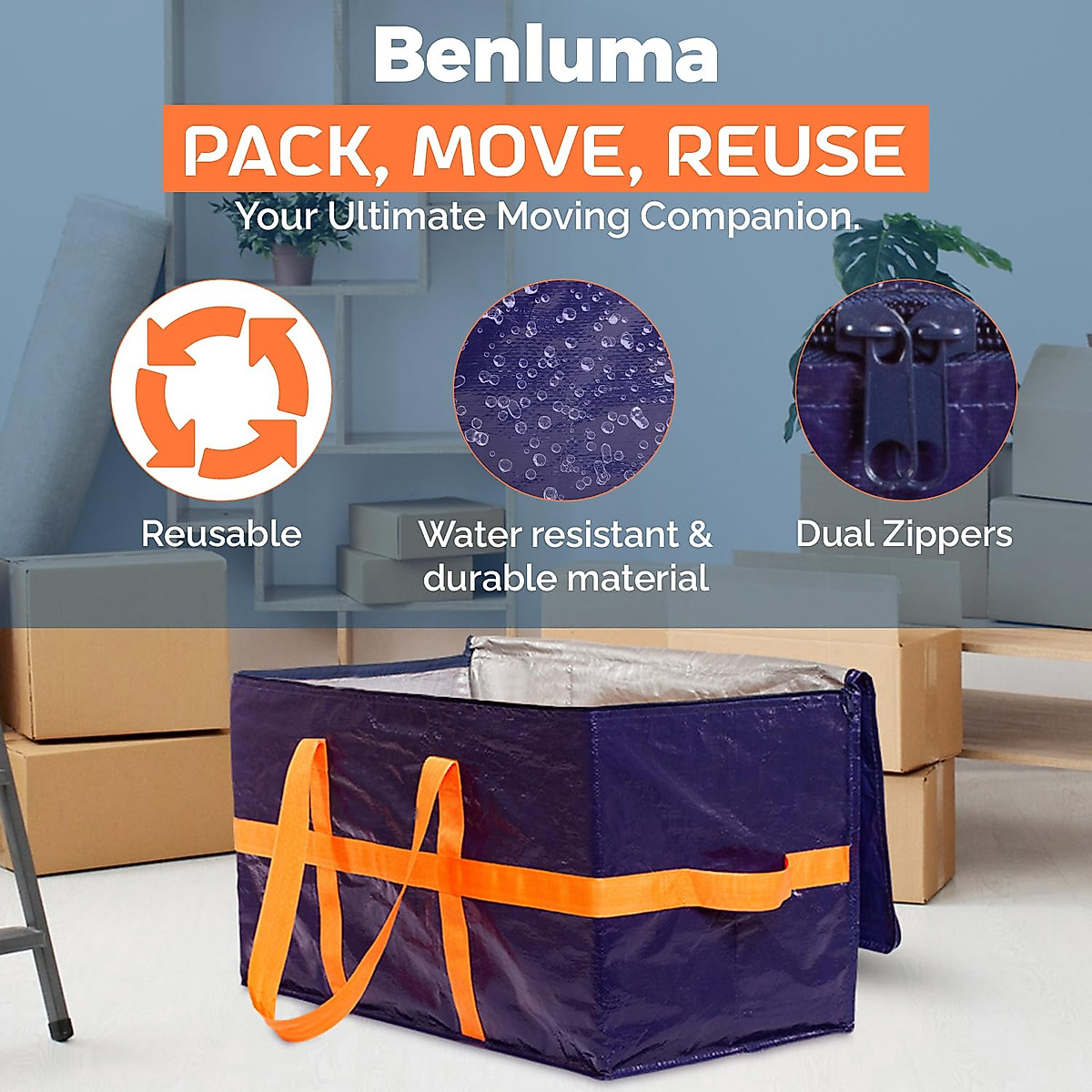 Benluma 6-Pack Extra Large Moving Bags, Moving Totes with Zippers, Heavy Duty Moving Bags Medium and Large Alternative, Packing Boxes for Moving Supplies, Moving Totes Alternative