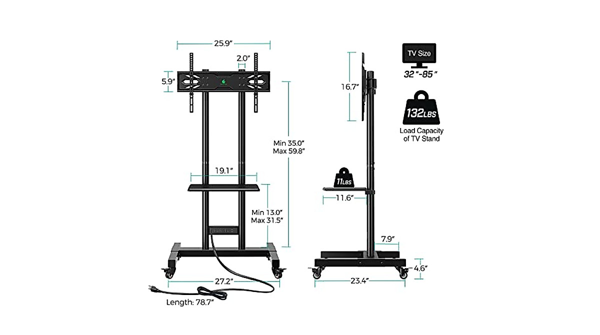 Greenstell Mobile TV Stand with Power Outlet & Height Adjustment