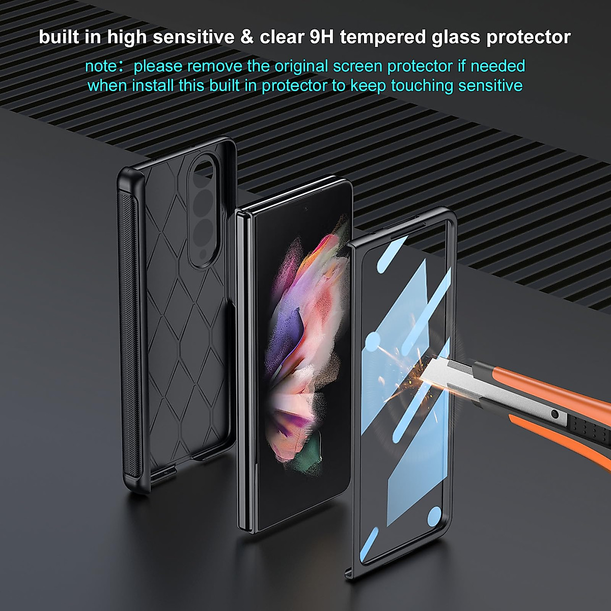 Libeagle Compatible with Samsung Galaxy Z Fold 3 Case, Support All Magsafe Accessories, Leather on Back, Hinge Protection, Built-in Screen Protector, Magnetic Cover 5G 2021, Black