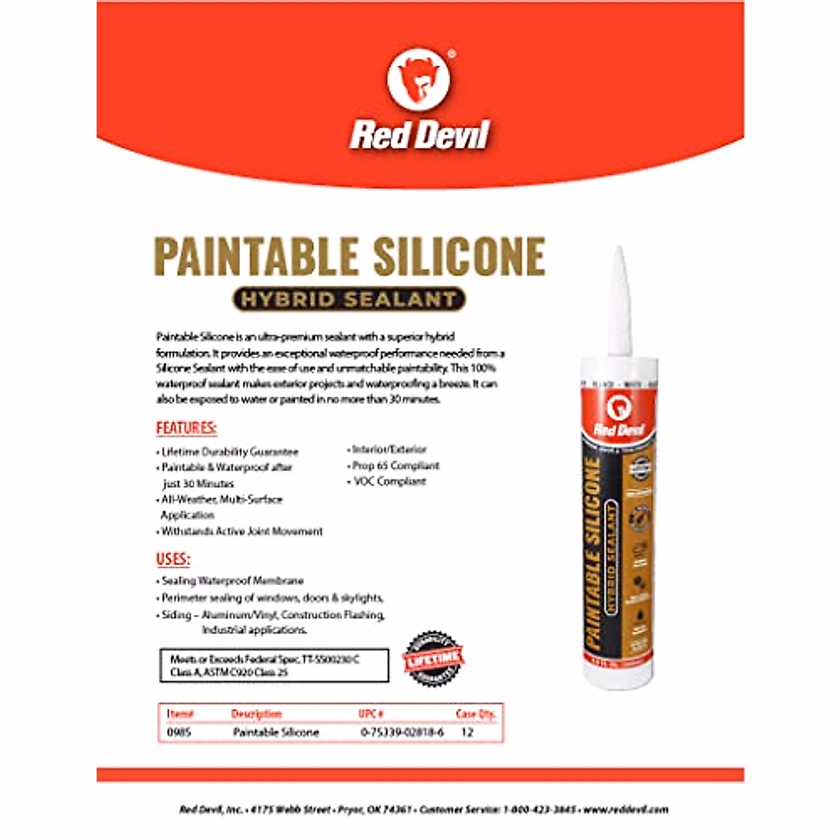 Red Devil 0985 Paintable Silicone Hybrid Sealant, 9 oz., White, 1 Pack