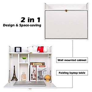 KZHOME Multifunctional Folding Wall-Mounted Laptop Desk Writing Table with Storage Shelves, for Home Office, White