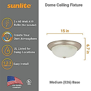 Sunlite 04591 15-Inch Traditional Dome Ceiling Light, Classic Decorative Flush Mount Fixture, Alabaster Glass Shade, 3-60W A19 Bulbs (Not Included), For Bedrooms, Hallways & Bathrooms, Brushed Nickel
