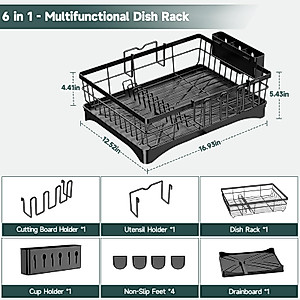 Dish Drying Rack, Stainless Steel Dish Rack, Large 1 Tier Drying Rack, Kitchen Counter Dish Rack Durable, Dish Drainer with Drainboard Over Sink for Cups, Knives, Spoons, and Forks (L16.9"*W12.5")