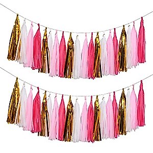 MerryNine Tissue Tassels Garlands, 40PCS DIY Tassels, 14 Inch Long Tassels, for Wedding, Baby Shower, Event & Party Supplies Decoration (Rose/ Pink/ White/ Gold Set)