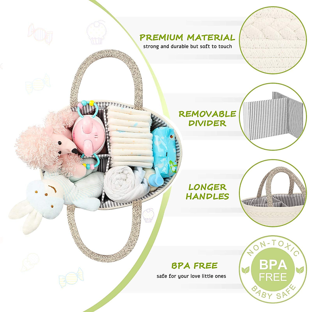 Maliton Diaper Caddy Organizer for Baby - 100% Cotton Rope Baby Basket Changing Table Diaper Storage Caddy Brown&Grey