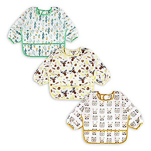 3 Pcs Long Sleeved Bib Set, Baby Toddler Waterproof Bibs with Sleeves, Catcher, Pocket Bundle, Play Smock Apron, 12-24 Months
