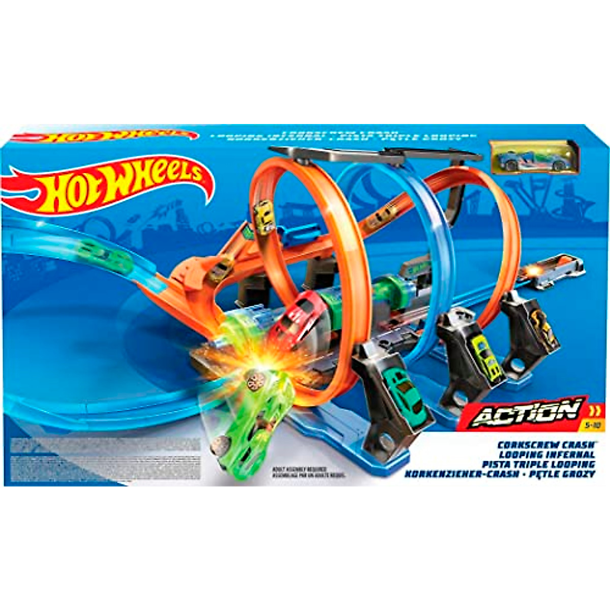 Hot Wheels Toy Car Track Set, Corkscrew Crash with 1:64 Scale Car, 3 Crash Zones, Powered by Motorized Booste, [Amazon Exclusive]