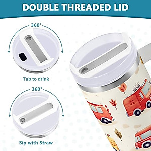 ARGTILDN 40 oz Tumbler Cartoon Fire Trucks Insulated Travel Mug with Handle and Straw Lid Stainless Steel Vacuum Coffee Cup Tea Beverage Container Water Bottles for Car Sports office