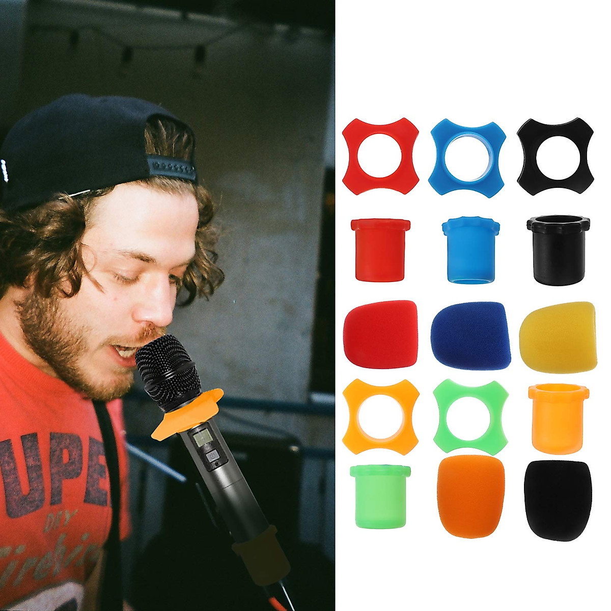 EXCEART 5pcs Handheld Microphone Windscreen Foam Cover 5pcs Microphone Protection Rings Silicone 5pcs Ring Bottom Rod Sleeve Holder for KTV Device