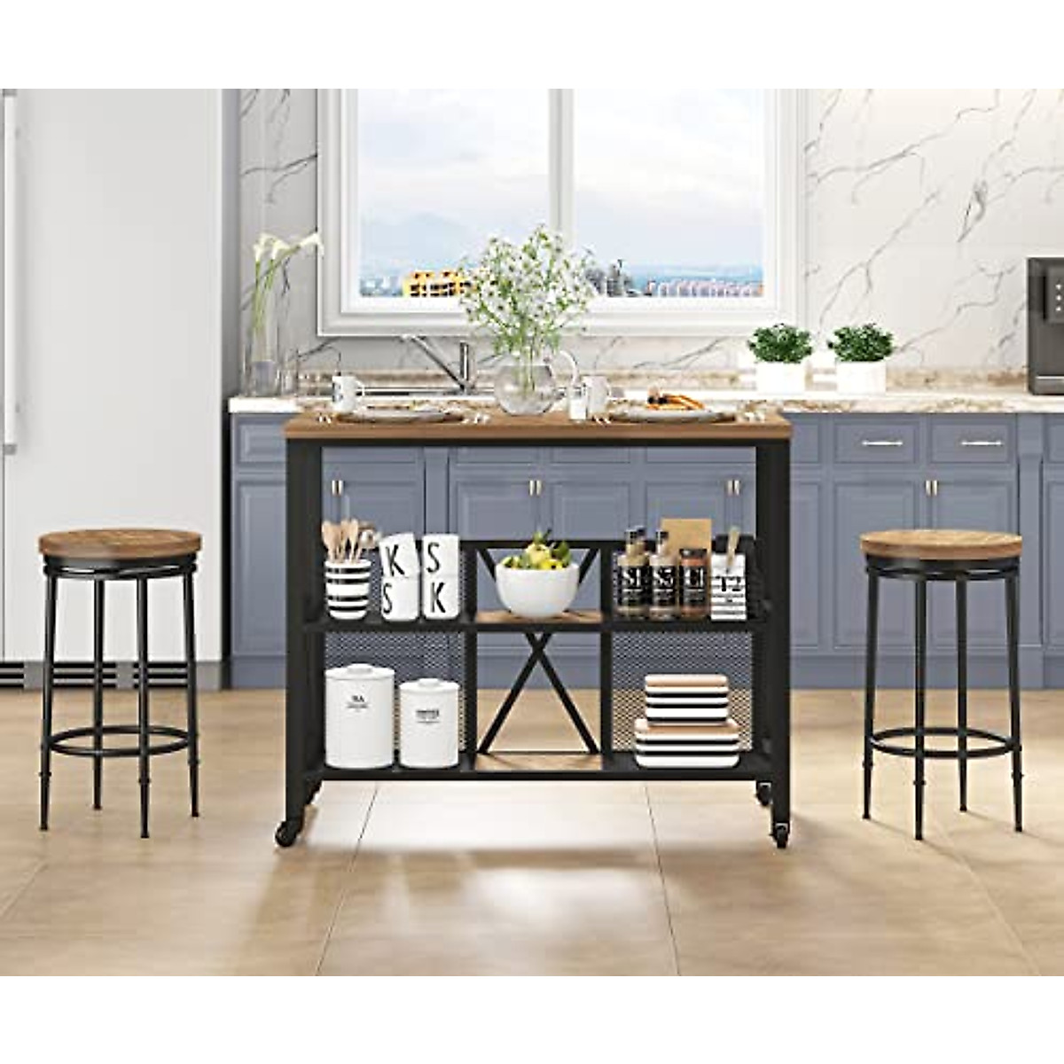 HOMYSHOPY Bar Table and Chairs Set, Modern Counter Height Dining Table Set for 2, Farmhouse Pub Table Dining Room Set with Storage for Kitchen(Brown Wood)