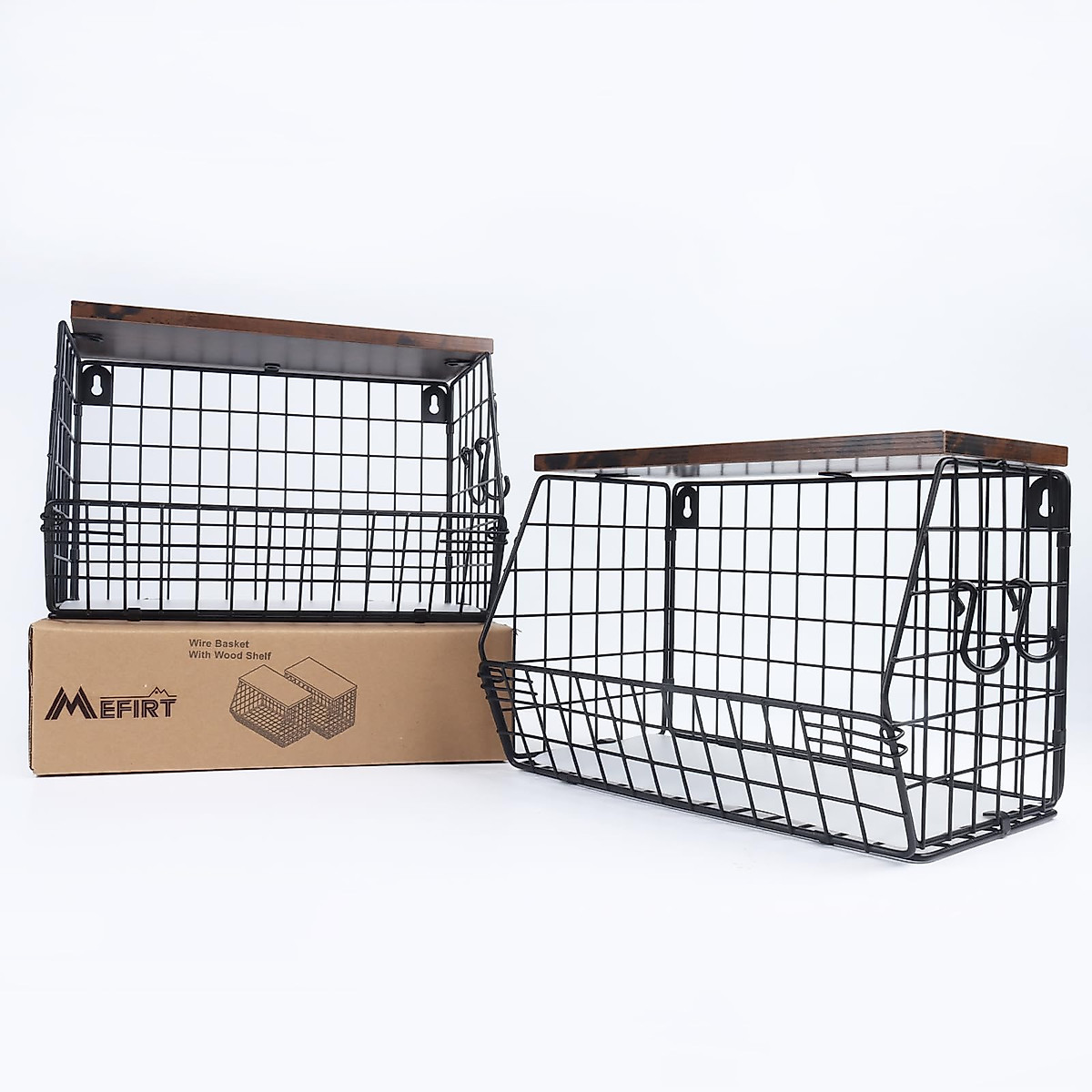 Mefirt 2pcs Fruit Basket Onion Storage Wire Baskets with Wood Lid, Stackable Wall-mounted & Countertop Tiered Kitchen Counter Organizer for Snack, Fruit and Vegetable Storage, 11.8 * 7.9 * 8.5 Inches