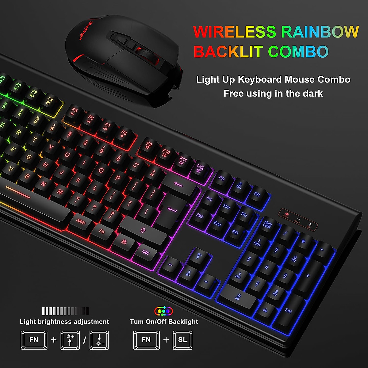 BlueFinger Wireless Gaming Keyboard and Mouse, Rechargeable Rainbow Backlit Wireless Keyboard and Ergonomic Light Up Mouse Combo for Windows, Mac, PC, Laptop