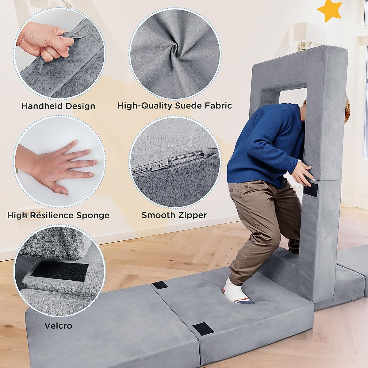 DREAMANIA Kids Play Couch for Toddlers 1-3, 2024 3in1 Soft Kids Sofa Chair Fold Out, Convertible Sofa to Sleeper for Girls & Boys, Grey