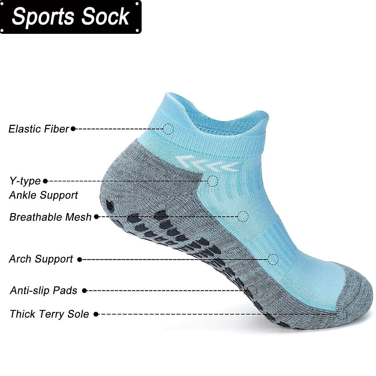 GOGOGOAL Anti-slip Ankle Sock Men Women Elder Hospital Non-slip Slipper Sock Tape Athletic Trainning Sock for Yoga Soccer Gym cycling Light Blue L 4P