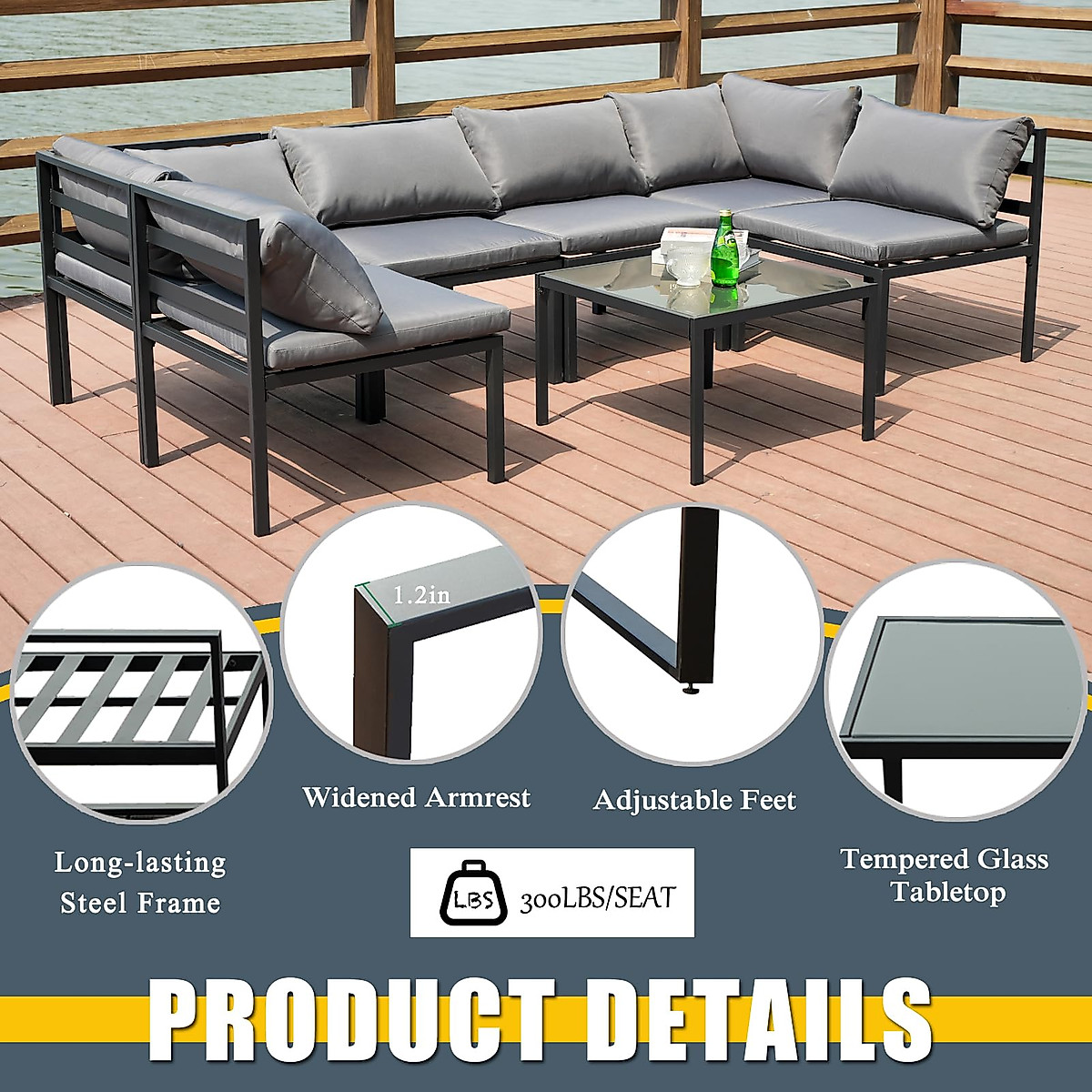 Homsido Outdoor Patio Furniture Set,Outdoor Chairs Set Sectional Sofa Patio Conversation Set，Porch Patio Chat Set with Tempered Glass Table top Coffee Table and Grey Cushions