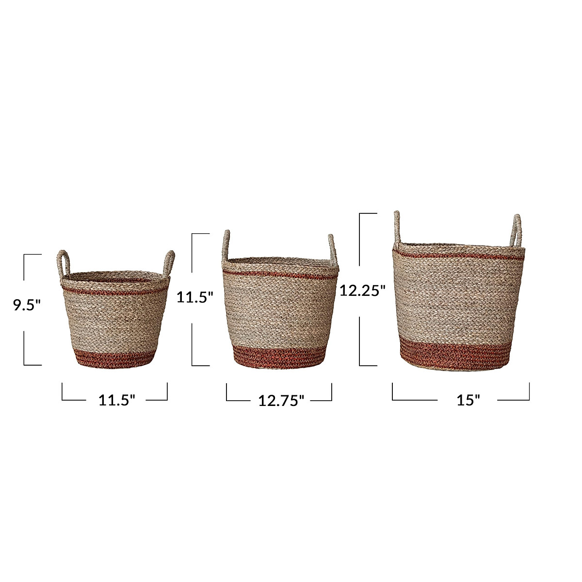 Creative Co-Op Woven Seagrass Baskets with Stripes and Handles, Natural and Brown, Set of 3