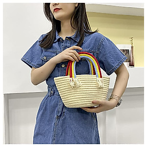 Motleader Woven tote bags Beach bags Rainbow cotton yarn woven picnic basket