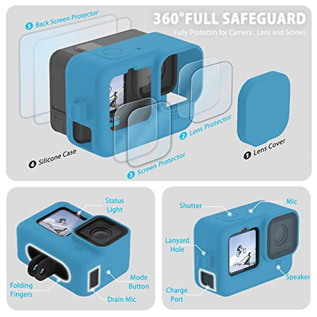 FitStill Blue Silicone Sleeve Case for Go Pro Hero 11 Hero 10 Hero 9 Black, Battery Side Cover&Screen Protectors&Lens Caps&Lanyard for Go Pro Hero 11 /10 / 9 Accessories Kit