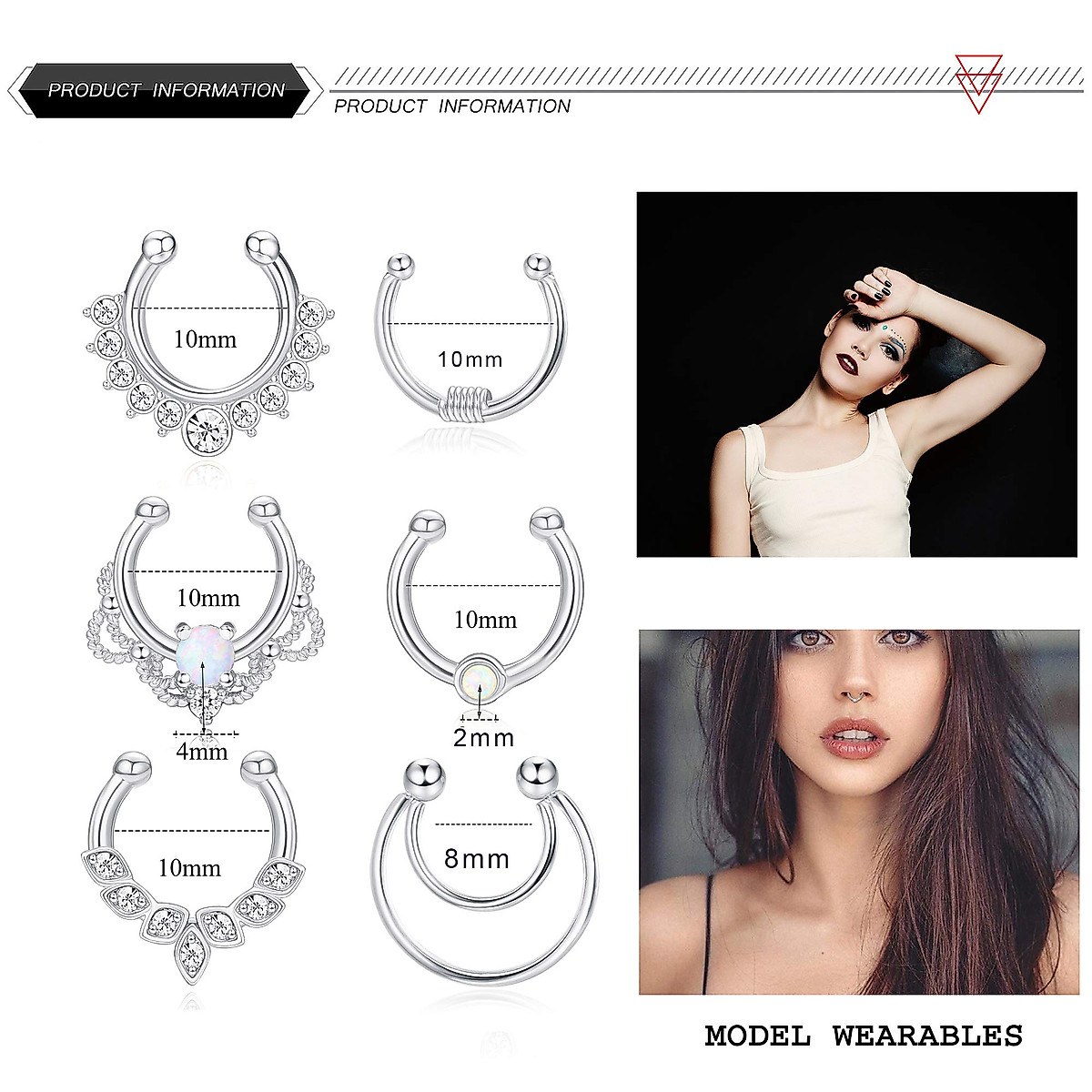 Drperfect 6Pcs Opal Fake Septum Ring for Women CZ Nose Ring Non-Pierced Clip On Nose Hoop Jewelry