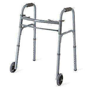 Medline Junior Two-Button Folding Walker with 5" Wheels, For Users 4'6" to 5'5"