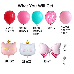 148Pcs Cartoon Cat Balloon Arch Garland Kit Hot Pink Rose Red Turquoise Teal Blue Balloons with Cat Bownot Foil Balloons for Girls Kids Birthday Baby Shower Wedding Gender Reveal Decorations