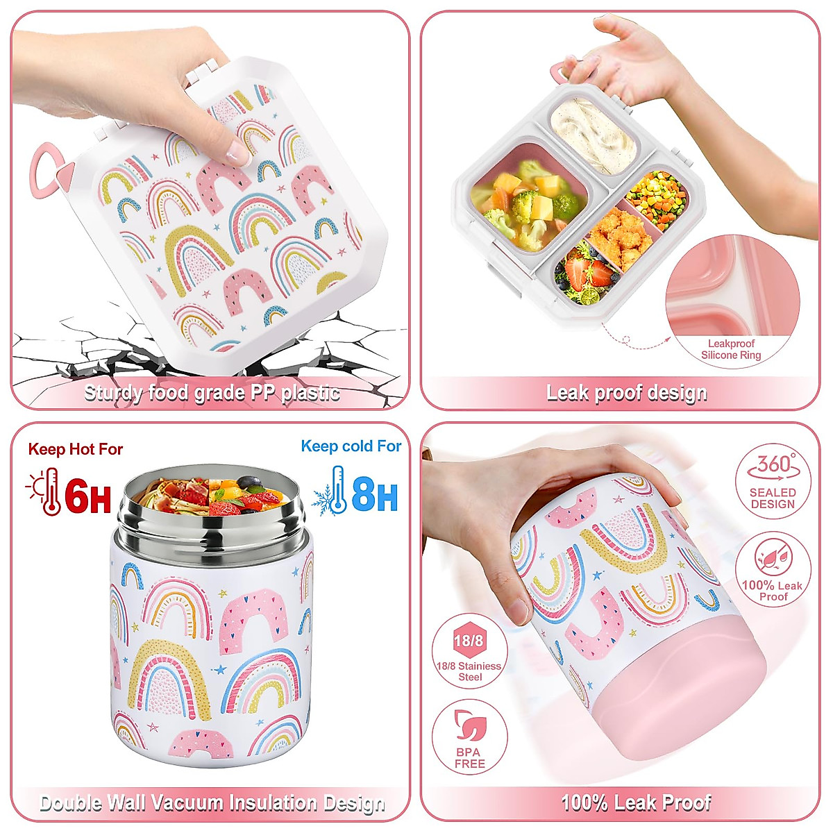 wiwens Bento Lunch Box for Kids with 12oz Soup Thermo Leak-Proof Lunch Food Container with 5 Compartment Thermo Hot Food Jar and Insulated Lunch Bag for Kid Toddler Girls Boys to School