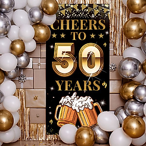 Cheers to 50 Years Door Banner, Happy 50th Birthday Decorations for Men Women, Golden 50th Anniversary, Black Gold 50 Year Class Reunion Party Backdrop Yard Sign for Outdoor Indoor, Fabric, Vicycaty